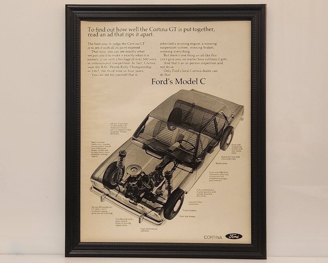 Framed 60's Vintage Car Ad 1968 Ford Cortina GT 1600 1967 Rally ...
