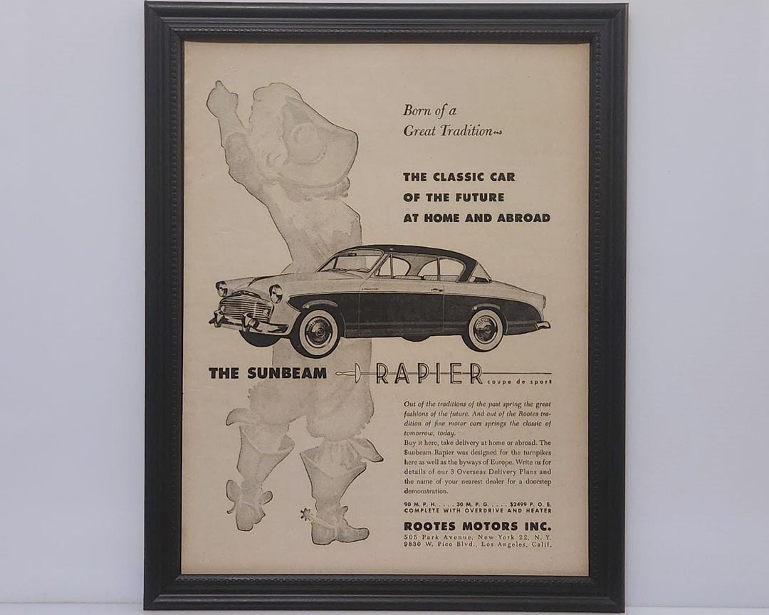 Framed Vintage 50's Car Ad 1956 Sunbeam Rapier Coupe Classic B&W ...