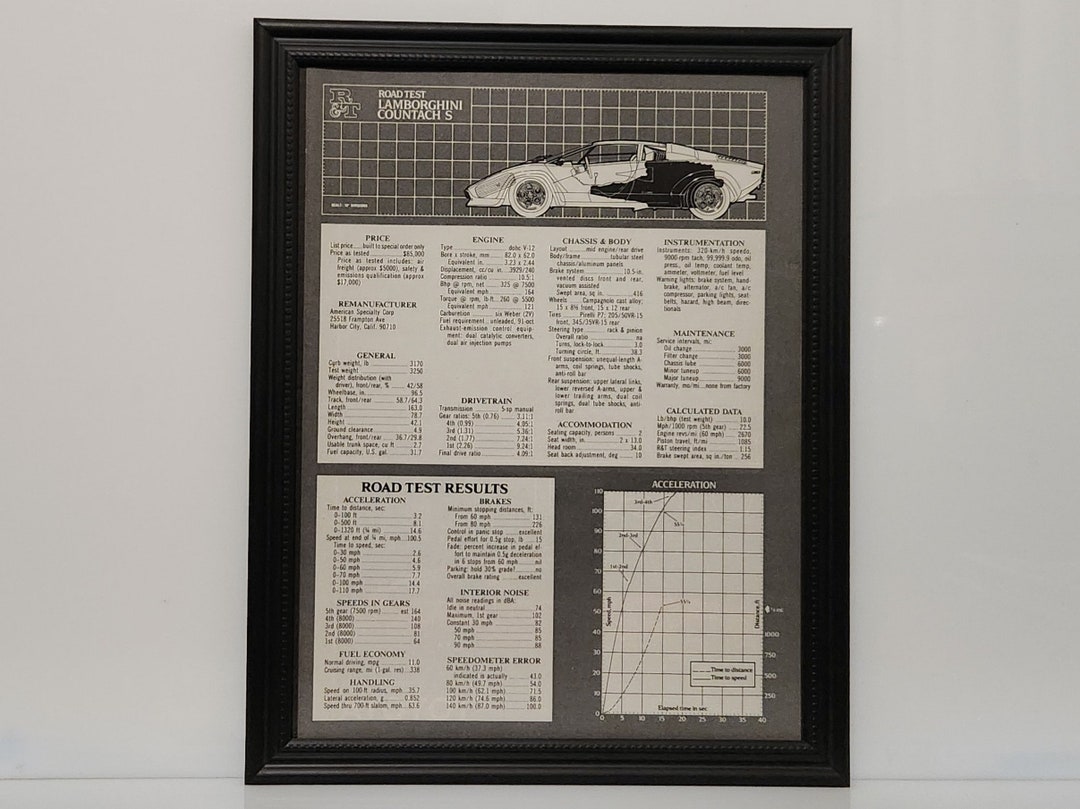 Framed Vintage 70's Car Ad Lamborghini Countach S 1978 Specs Road Test ...