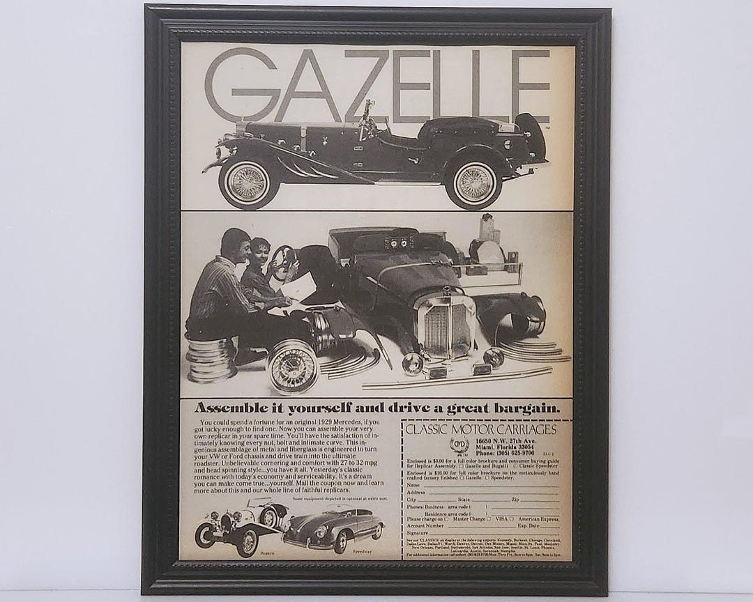 Framed Vintage 80's Car Ad Gazelle Kit Car 1929 Mercedes SSK Roadster ...