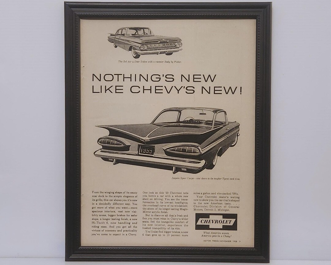 Framed Vintage 50's Car Ad 1959 Chevrolet Impala Coupe and Sedan ...