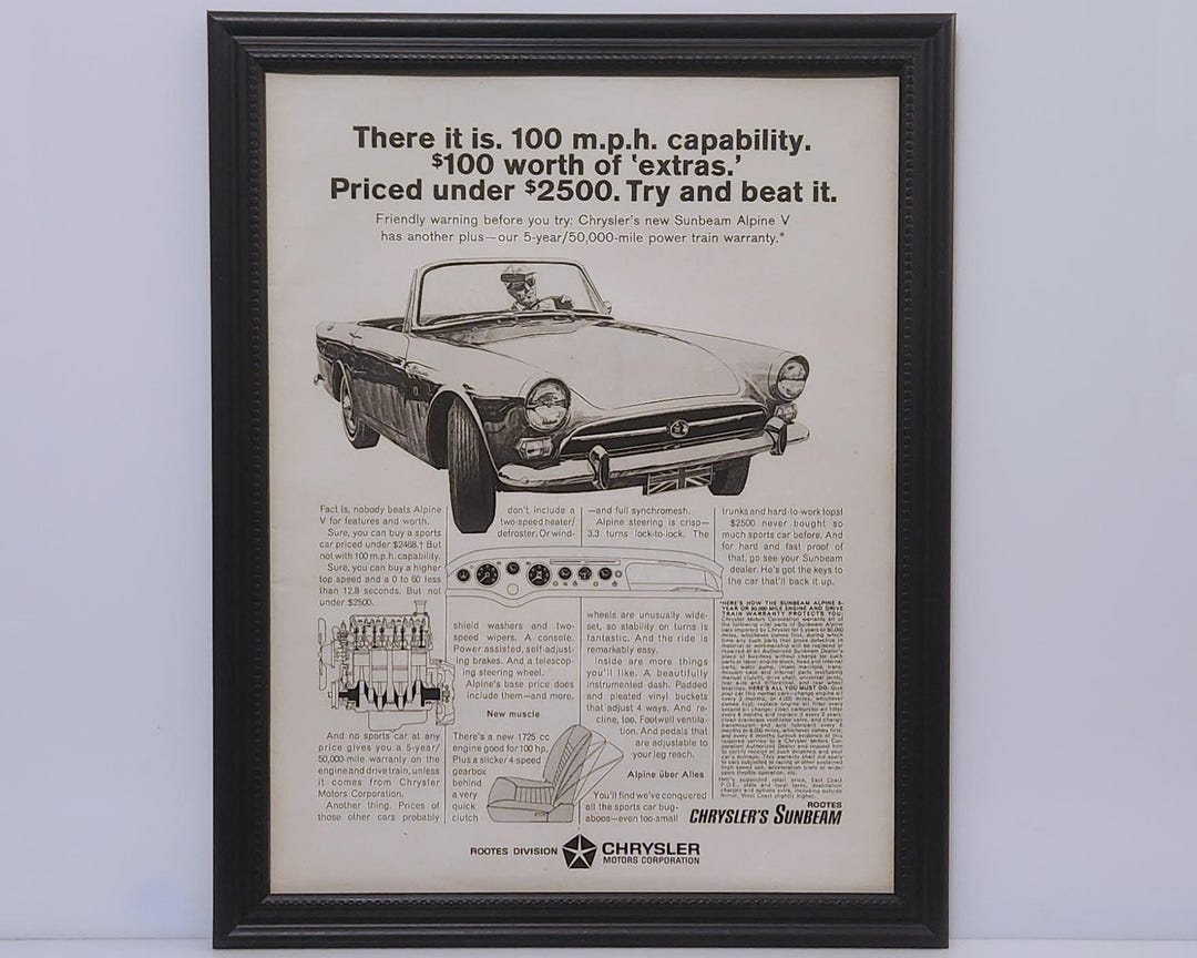 Framed Vintage 60's Car Ad 1968 Sunbeam Tiger Roadster Classic B&W ...