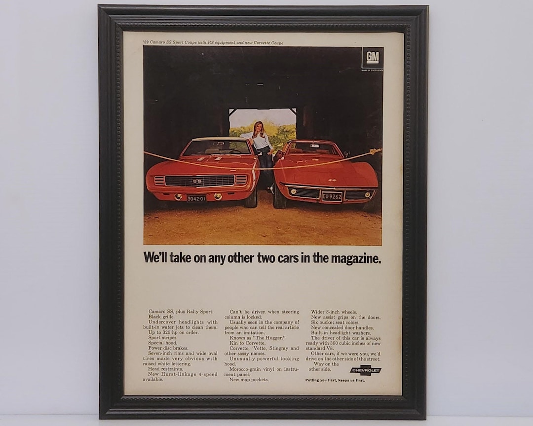 Framed Vintage 60's Car Ad 1969 Camaro RS/SS and Corvette Stingray ...