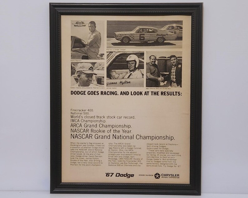 Framed Vintage 60's Car Ad 1967 Dodge Racing Charger NASCAR Stock Car ...