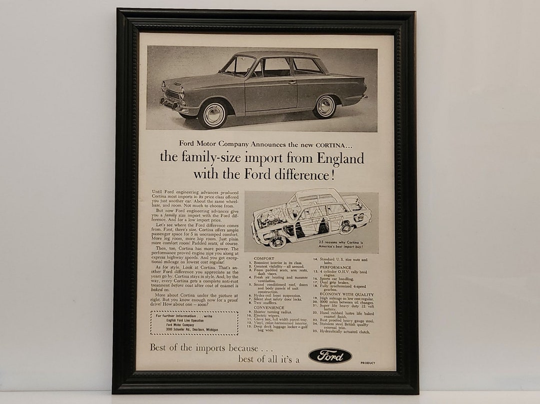 Framed 60's Vintage Car Ad 1963 Ford Cortina B&W Advertisement ...