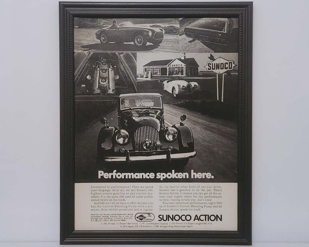Framed Vintage 70's Sunoco Ad 1951 Ferrari 212 Barchetta V-12 1953 ...