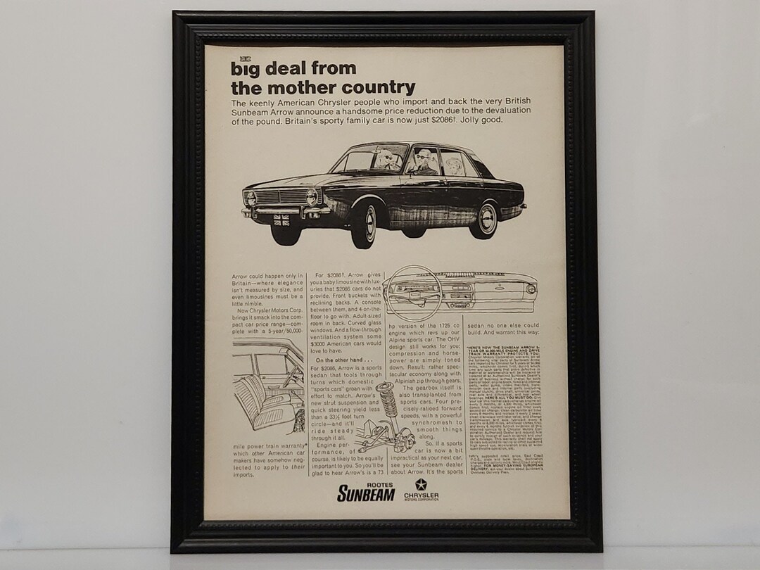 Framed Vintage 60's Car Ad 1968 Sunbeam Arrow Retro Automotive ...