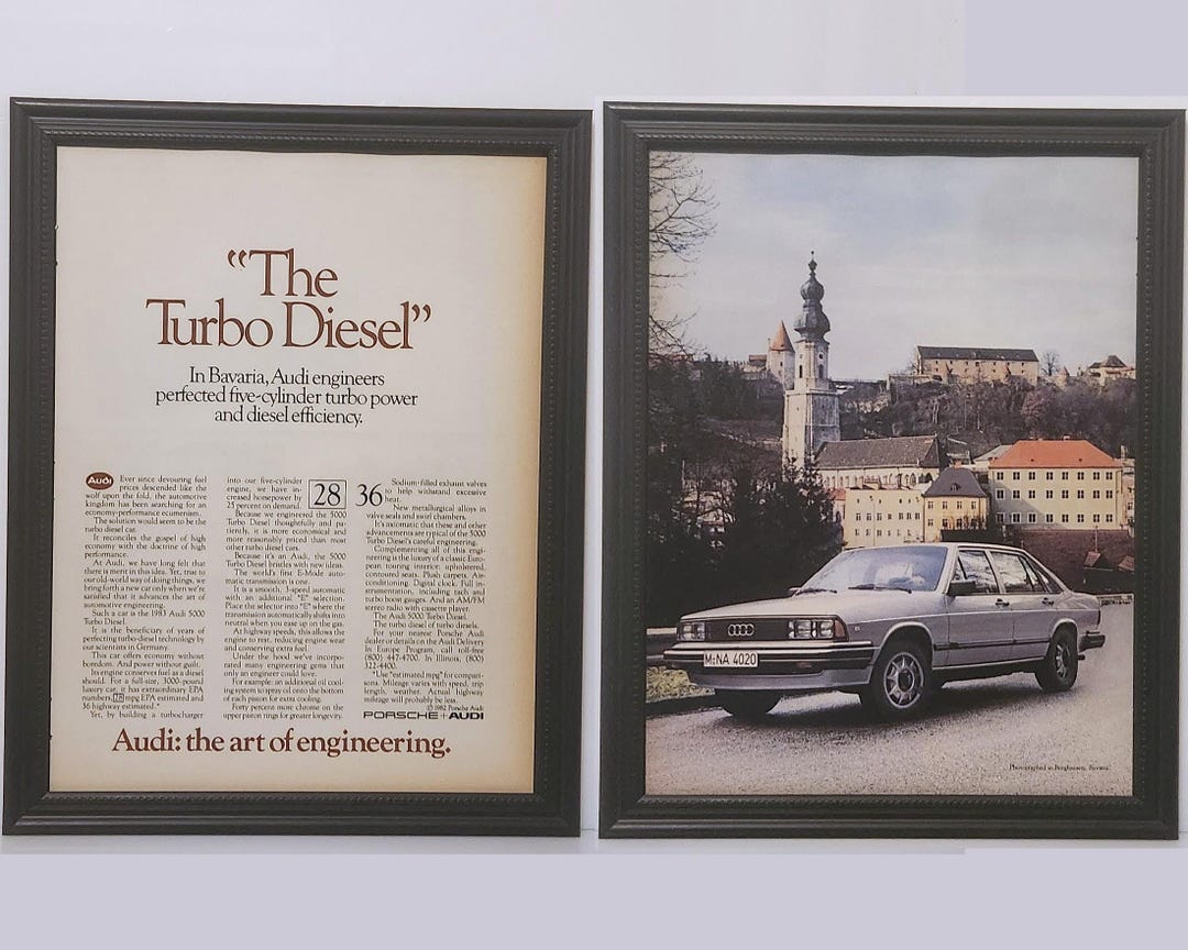 Framed Vintage 80's Car Ad 1983 Audi 5000 Turbo Diesel Classic 2-page ...