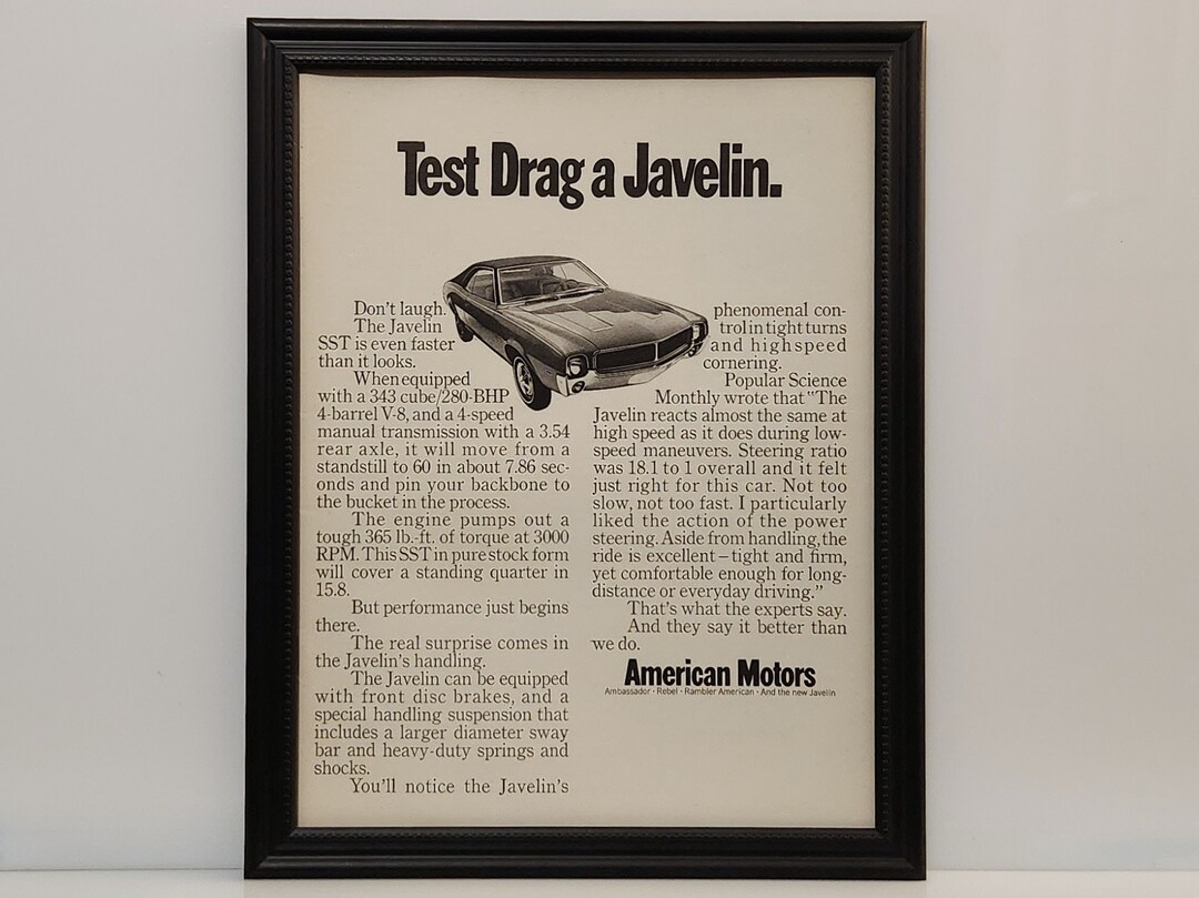 Framed 60's Vintage Car Ad 1968 AMC Javelin Retro B&W Advertisement ...