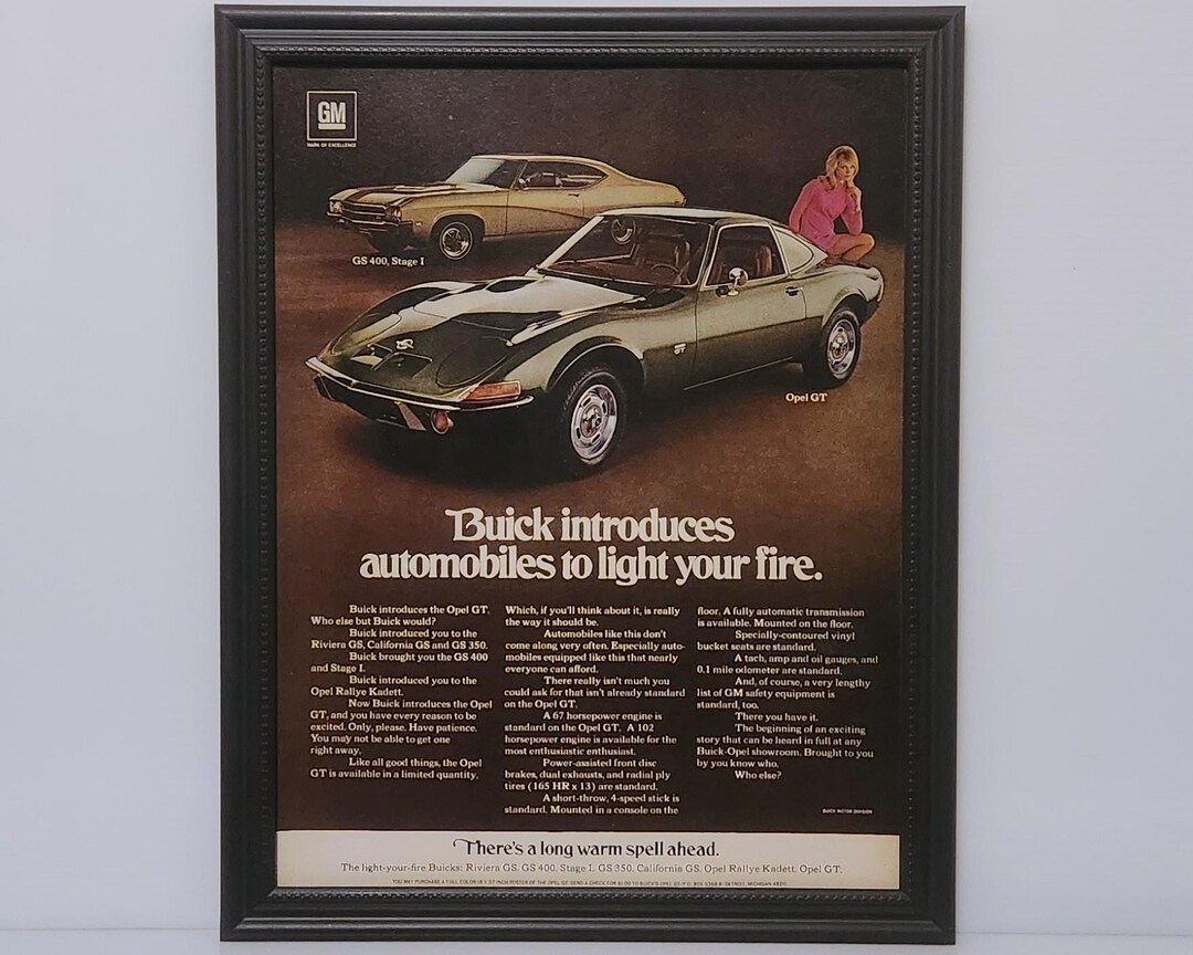 Framed Vintage 60's Car Ad 1969 Opel GT and Buick GS 400 Stage 1 ...