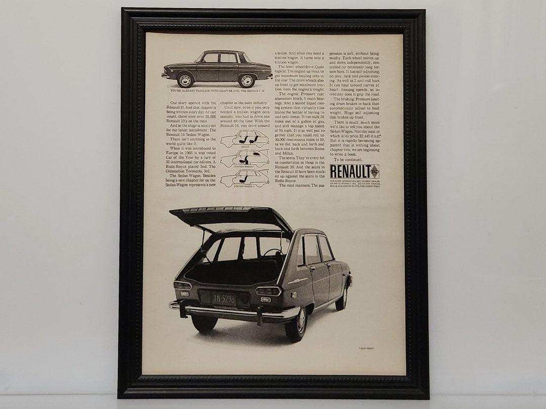 Framed 60's Vintage Car Ad 1968 Renault 16 Sedan Wagon Retro B&W ...