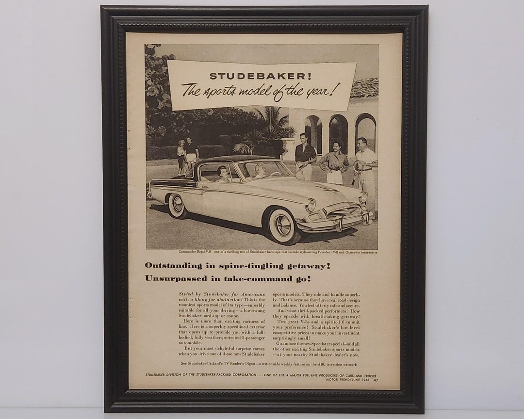 Framed Vintage 50's Car Ad 1955 Studebaker Commander Coupe Classic B&W ...