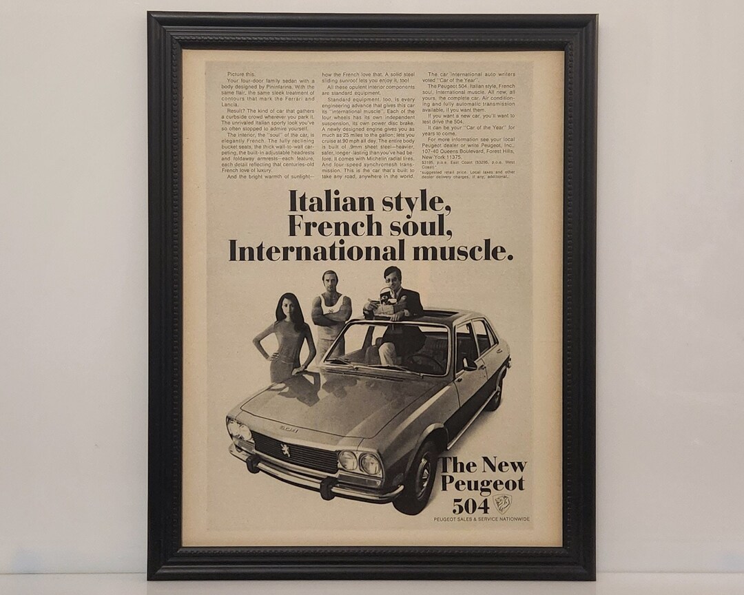 Framed Retro 70's Car Ad 1970 Peugeot 504 Advertisement Vintage B&W ...