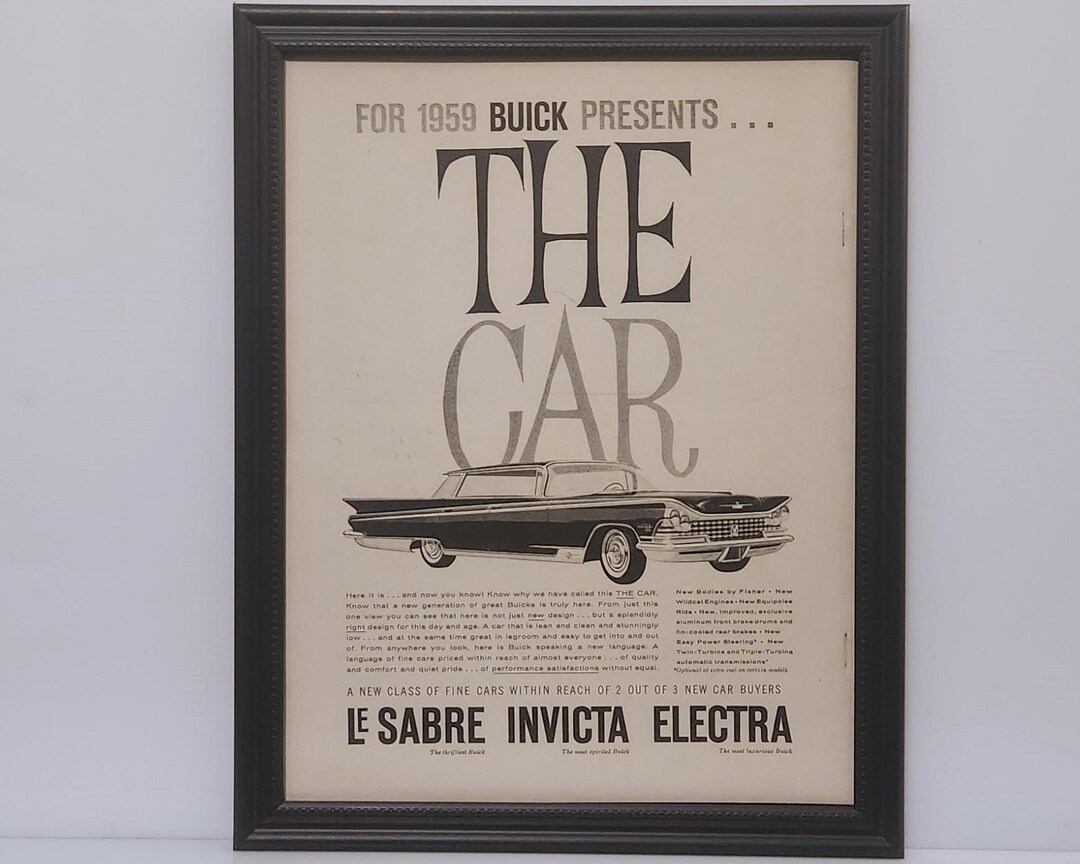 Framed Vintage 50's Car Ad 1959 Buick Electra Classic B&W Automotive ...