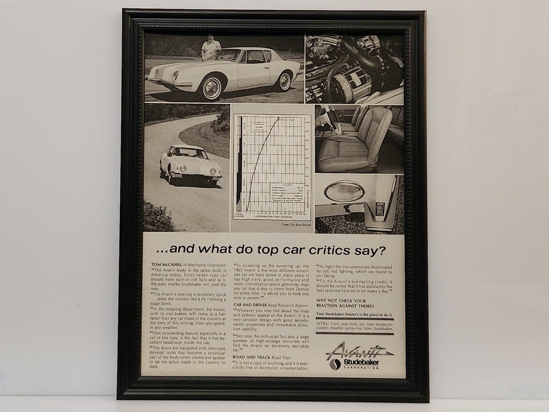 Framed 60's Vintage Car Ad 1963 Studebaker Avanti Classic Automotive ...