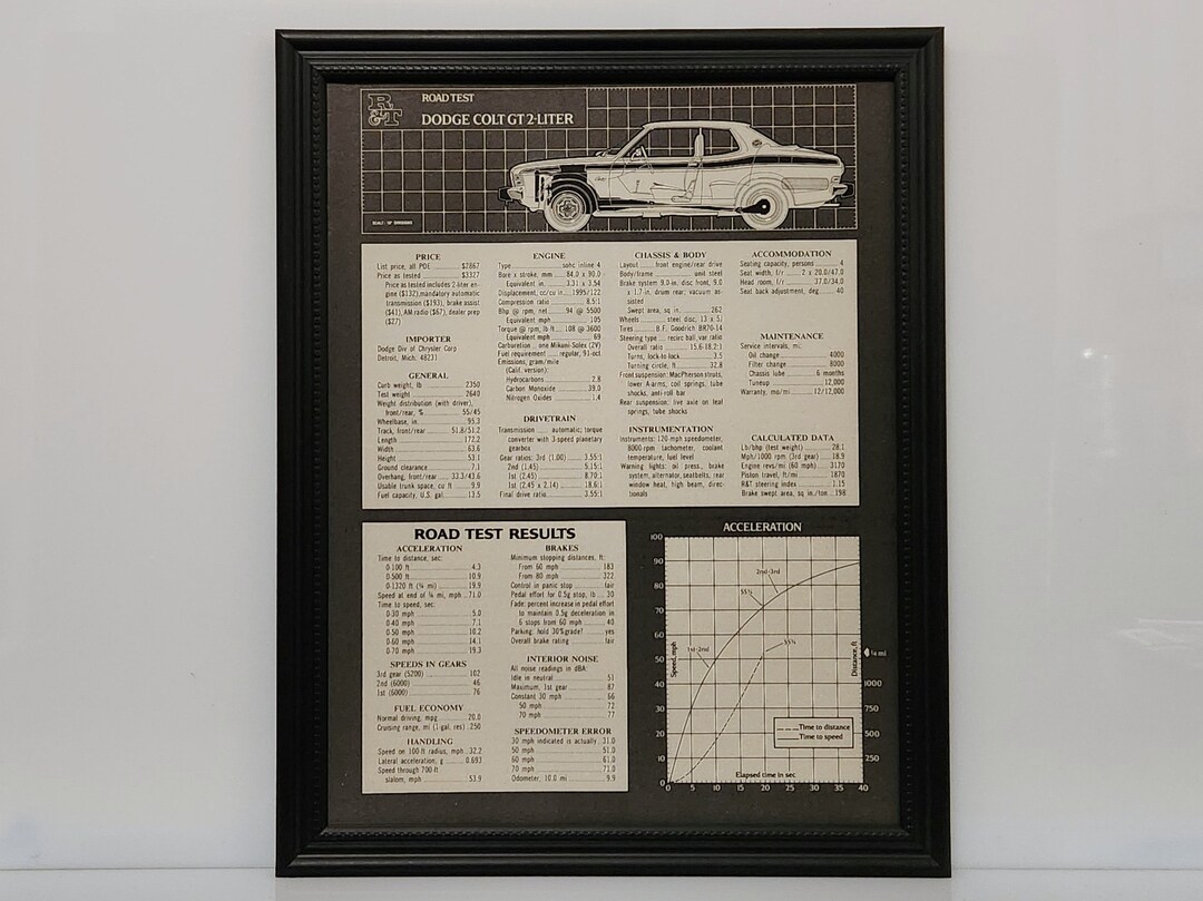 Framed Vintage 70's Dodge Colt GT 2.0 1974 Specs Road Test Magazine ...