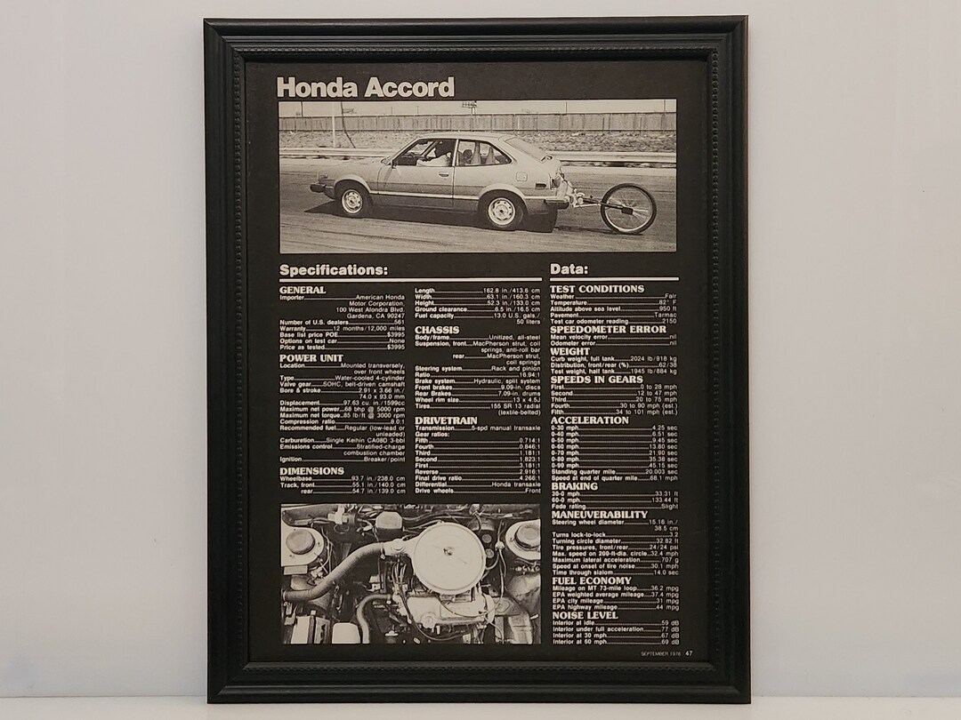 Framed 70's Vintage Car Ad Honda Accord 1976 Specs Road Test Magazine ...
