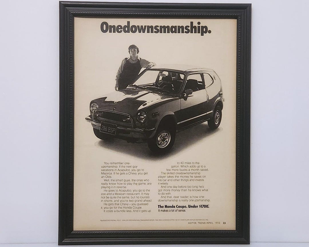 Framed Vintage 70's Car Ad Porsche 1972 Honda Z600 Classic ...