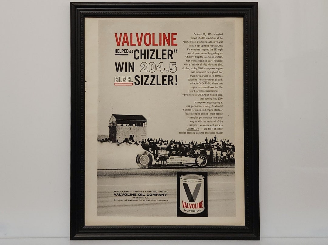 Framed 60's Vintage Valvoline Ad 1960 Top Dragster World Speed Record ...