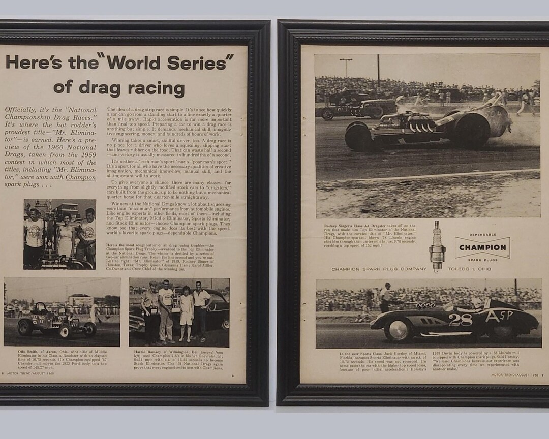 Framed Vintage 60's Champion Ad 1960 Dragsters Drag Racing Car '57 ...