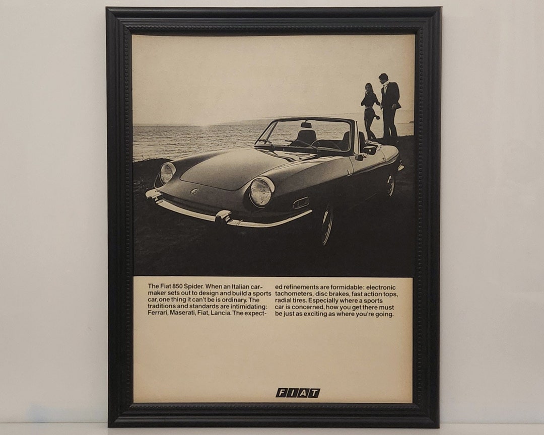 Framed Retro 70's Car Ad 1970 FIAT 850 Spider Advertisement Vintage B&W ...