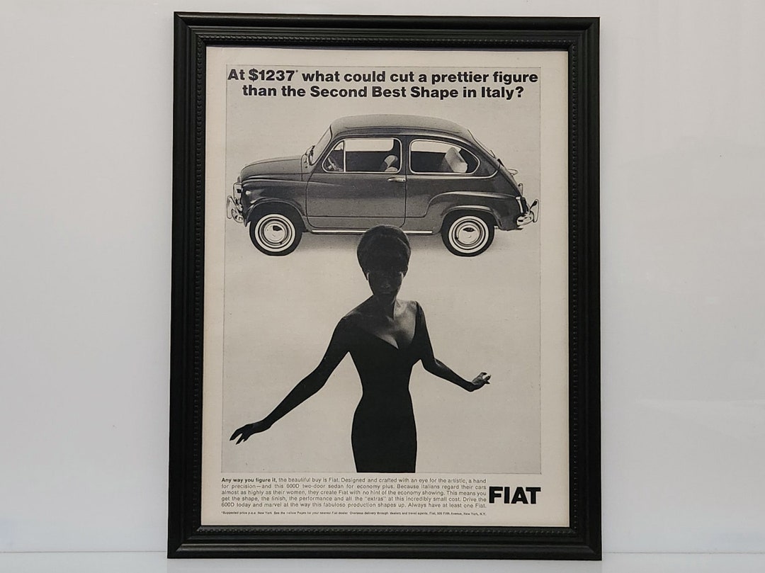 Framed Vintage 60's Car Ad Fiat 600D 1966 Classic B&W Advertisement ...