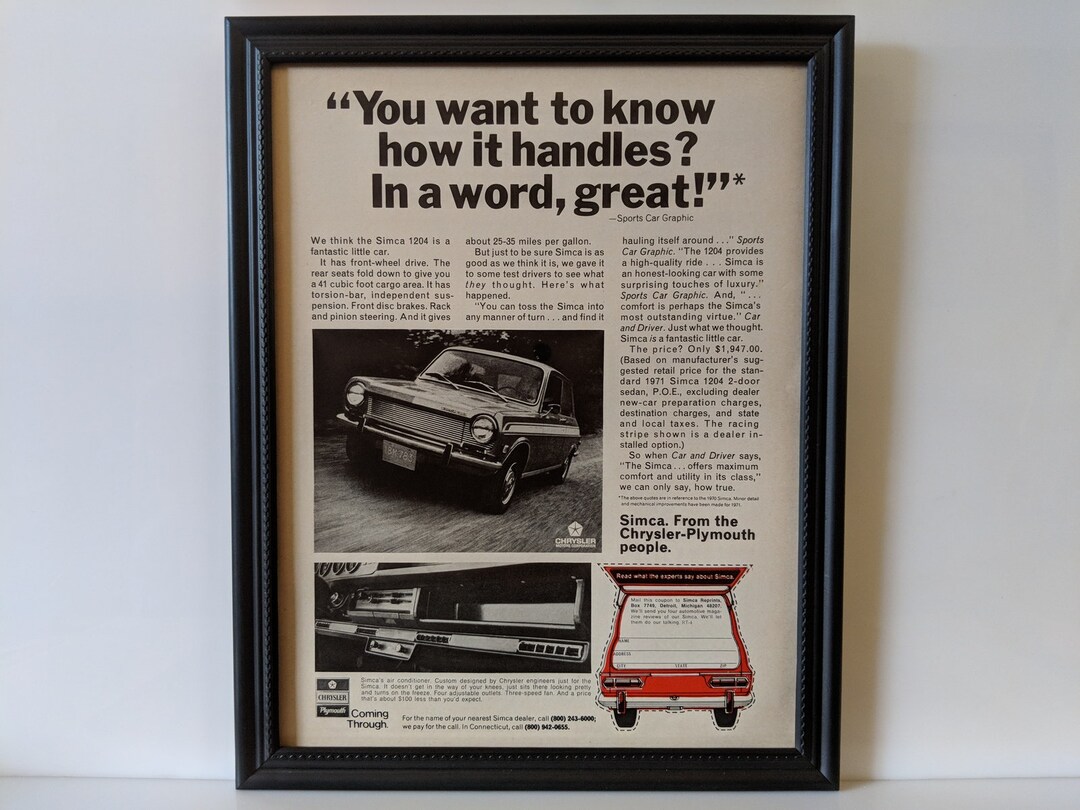 Framed Retro 70's Car Ad 1971 Plymouth Simca Advertisement Vintage ...