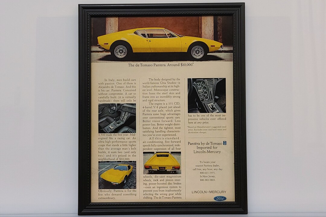 Framed Vintage 70's Car Ad 1972 De Tomaso Pantera Advertisement Retro ...