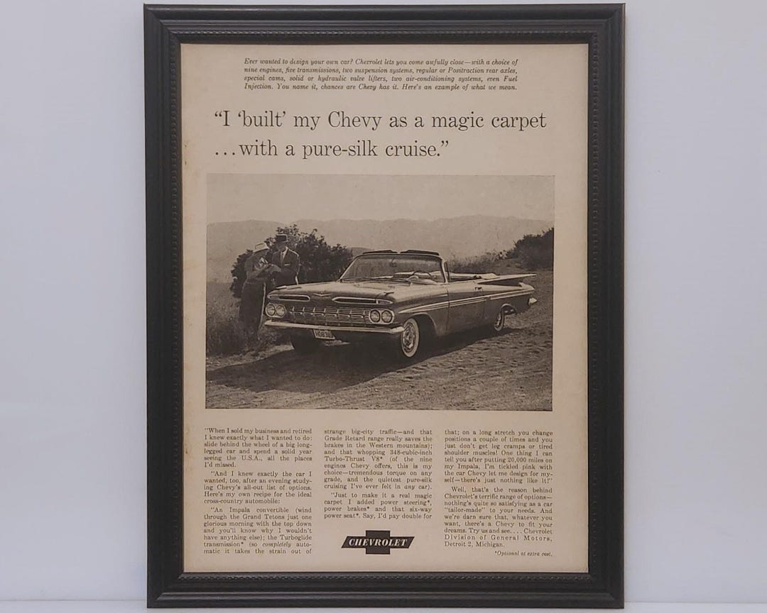 Framed Vintage 50's Car Ad 1959 Chevrolet Impala Convertible Classic B ...