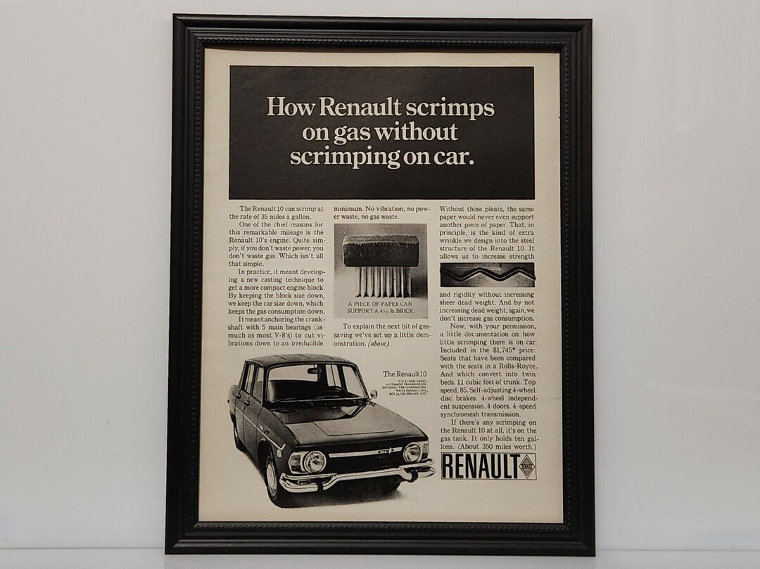 Framed 60's Vintage Car Ad 1968 Renault 10 Sedan Retro B&W ...