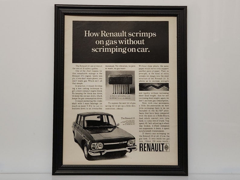 Framed 60's Vintage Car Ad 1968 Renault 10 Sedan Retro B&W ...