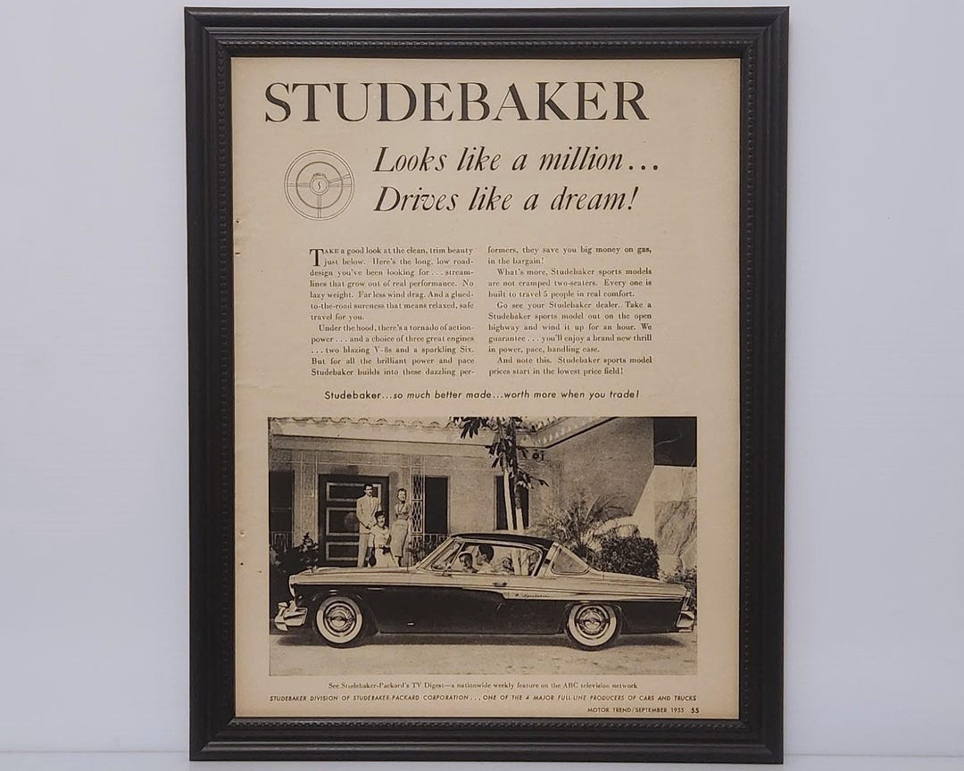 Framed Vintage 50's Car Ad 1955 Studebaker President Speedster Classic ...