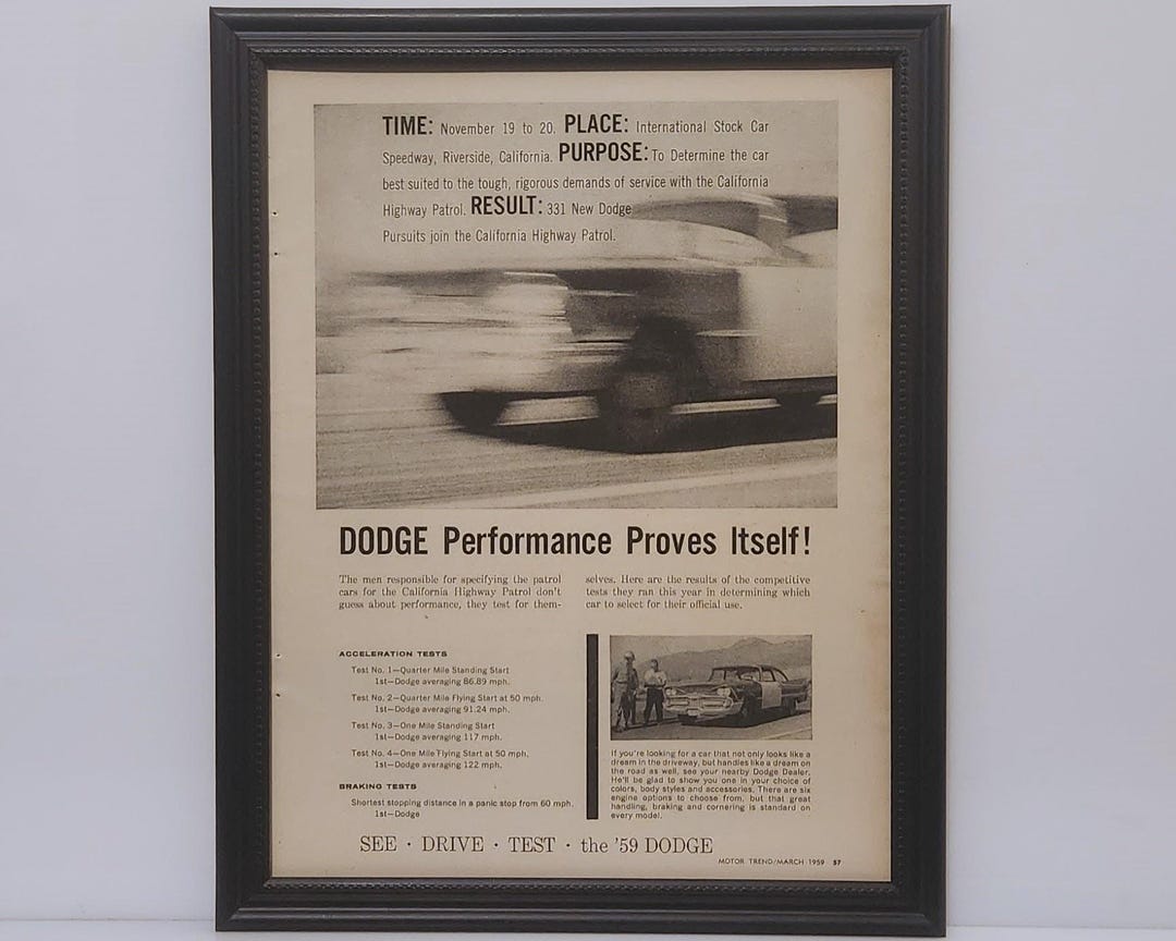 Framed Vintage 50's Car Ad 1959 Dodge Coronet California Highway Patrol ...