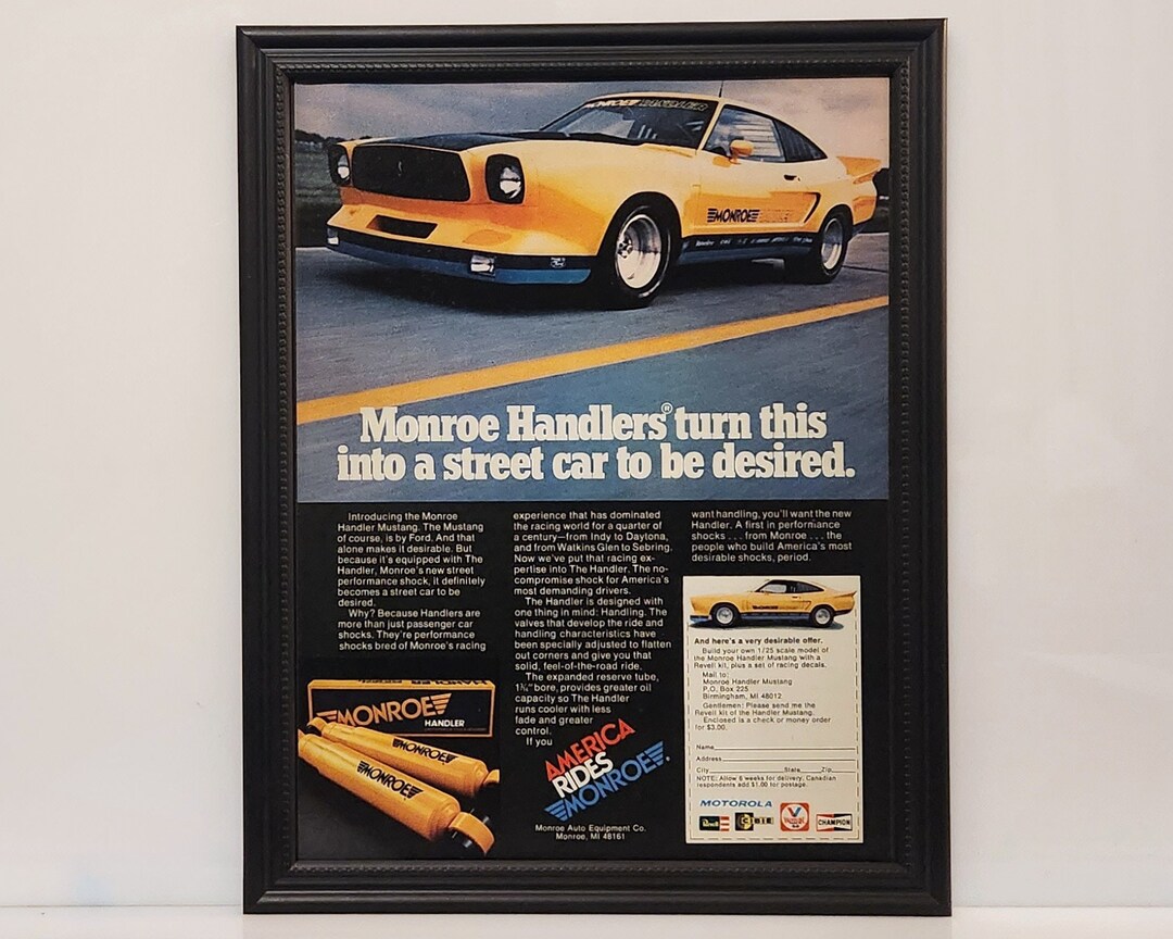 Framed 70's Vintage Monroe Ad 1978 Ford Handler Mustang II Cobra Shocks ...