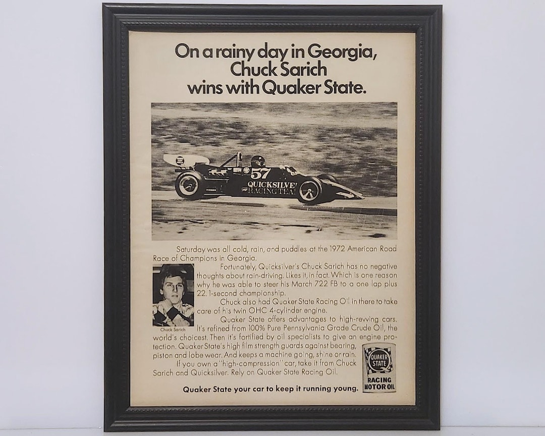 Framed Vintage 70's Quaker State Ad 1972 March 722 FB Formula B Chuck ...