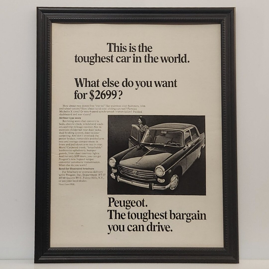 Framed 60's Vintage Car Ad 1968 Peugeot 404 Retro Advertisement ...