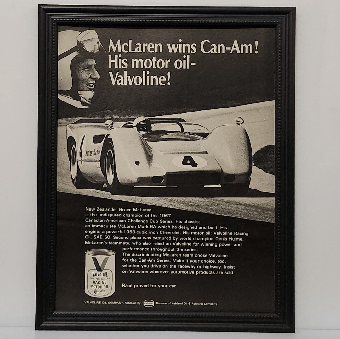 Framed 60's Vintage Valvoline Ad 1967 Can-am Race Car Mclaren M6A ...