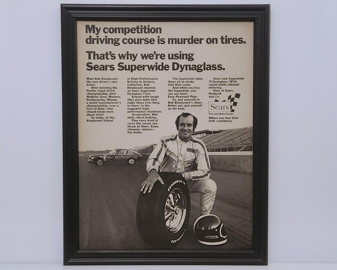 Framed 70's Vintage Tire Ad 1971 Porsche 911 Bob Bondurant Race Car ...