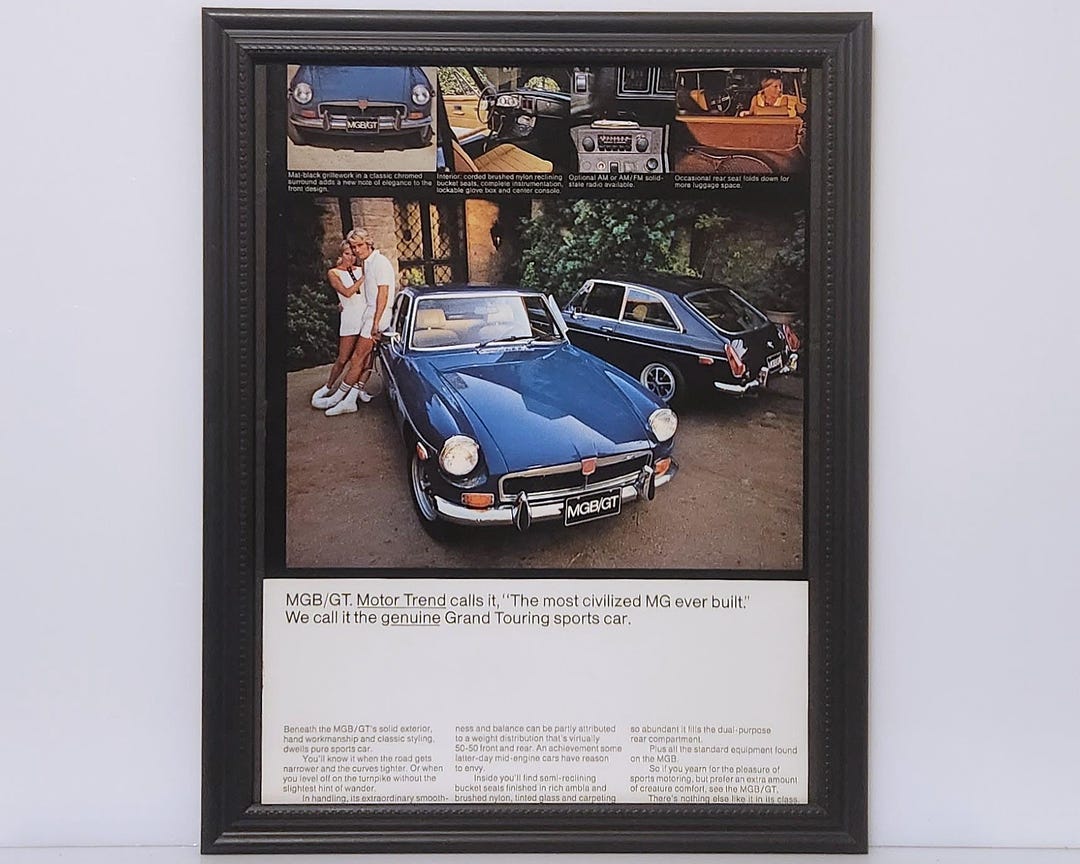 Framed Vintage 70's Car Ad MG MGB GT Coupe Classic Advertisement Poster ...