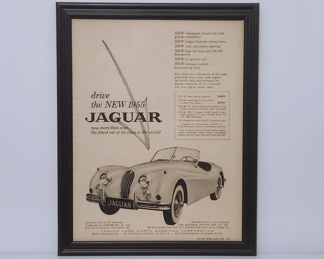 Framed Vintage 50's Car Ad 1955 Jaguar XK-140 Roadster XK140 Classic B ...