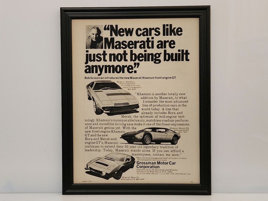 Framed Vintage 70's Car Ad Maserati Lineup Bora Merak Khamin GT 1976 ...