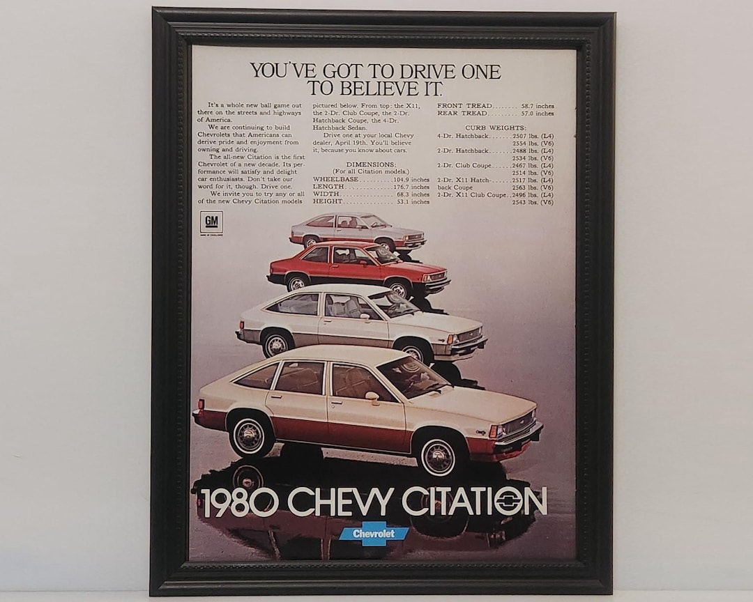 Framed Vintage 80's Car Ad 1980 Chevrolet Citation Model Lineup Classic ...