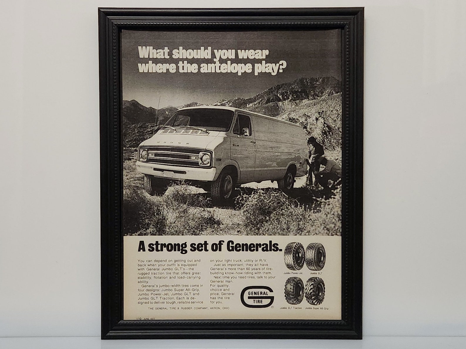 Framed Vintage 70's General Tire Ad 1977 Dodge Tradesman Van B&W ...