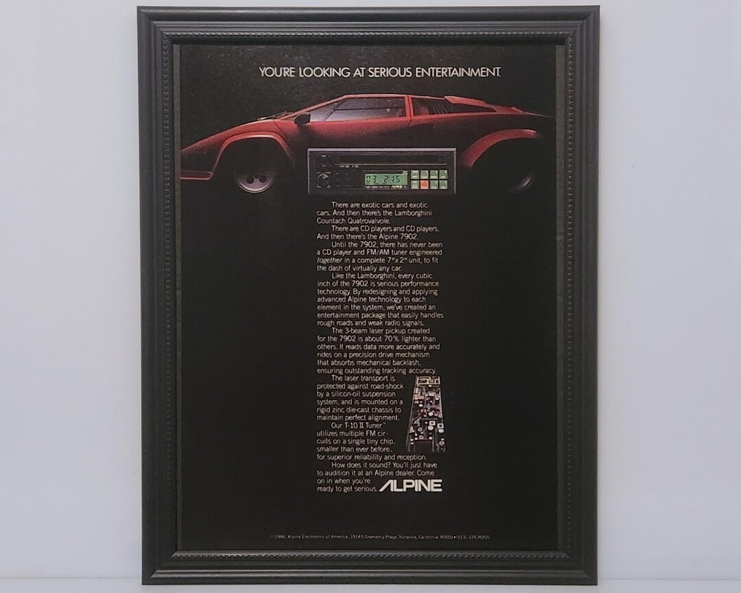 Framed Vintage 80's Alpine Ad Lamborghini Countach Stereo 1987 ...