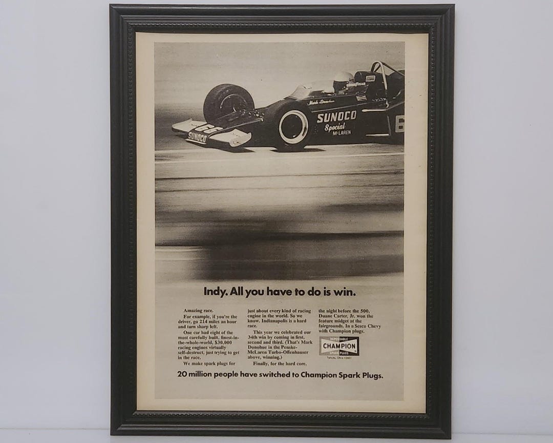 Framed Vintage 70's Champion Ad 1972 Mclaren Indy 500 Winner Mark ...