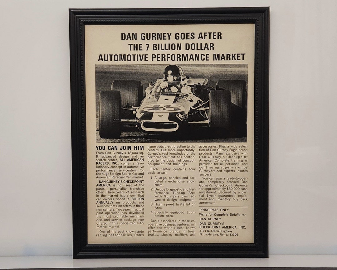 Framed Vintage Car Ad 1970 Dan Gurney All American Racers Advertisement ...