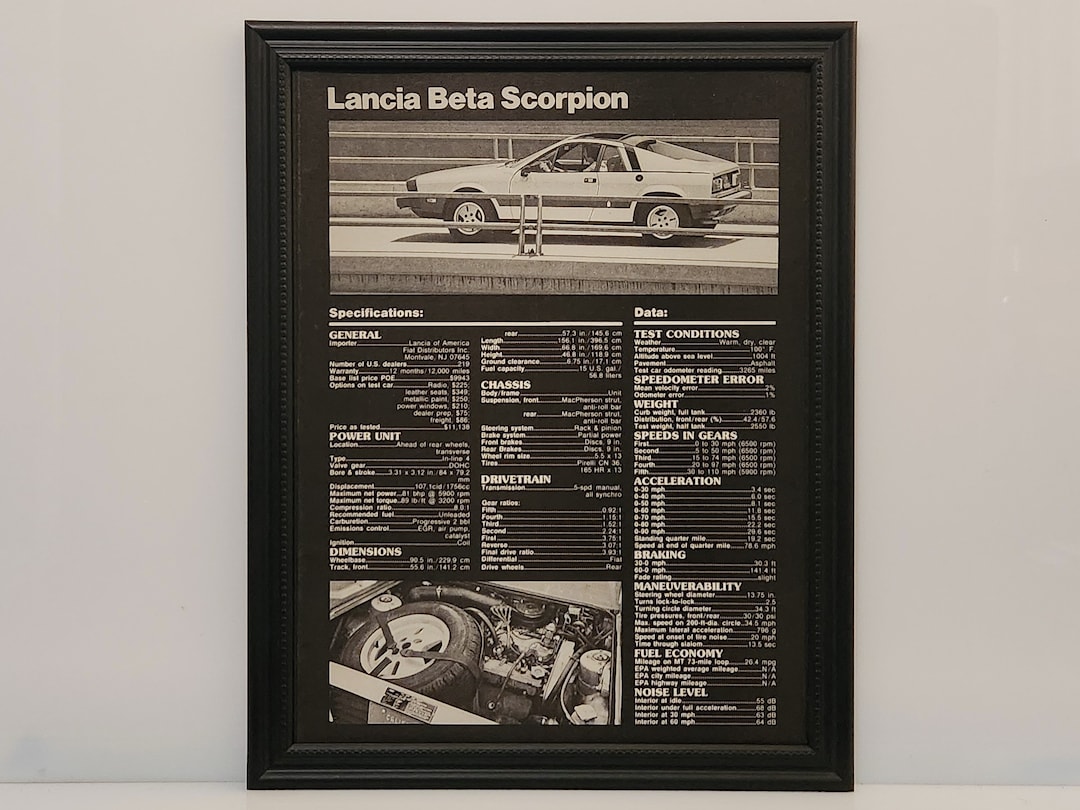Framed 70's Vintage Car Ad Lancia Beta Scorpion 1976 Specs Road Test ...