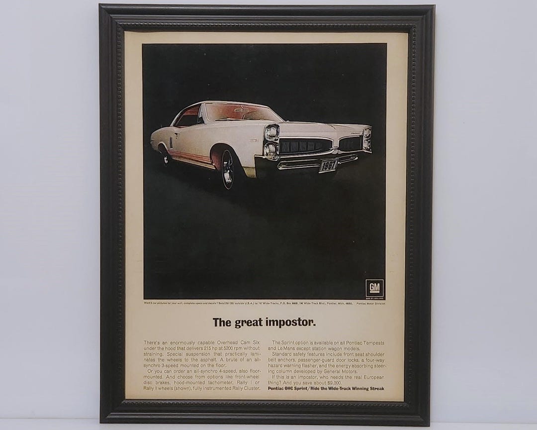 Framed Vintage 60's Car Ad 1967 Pontiac Sprint 6 Lemans Tempest Coupe ...