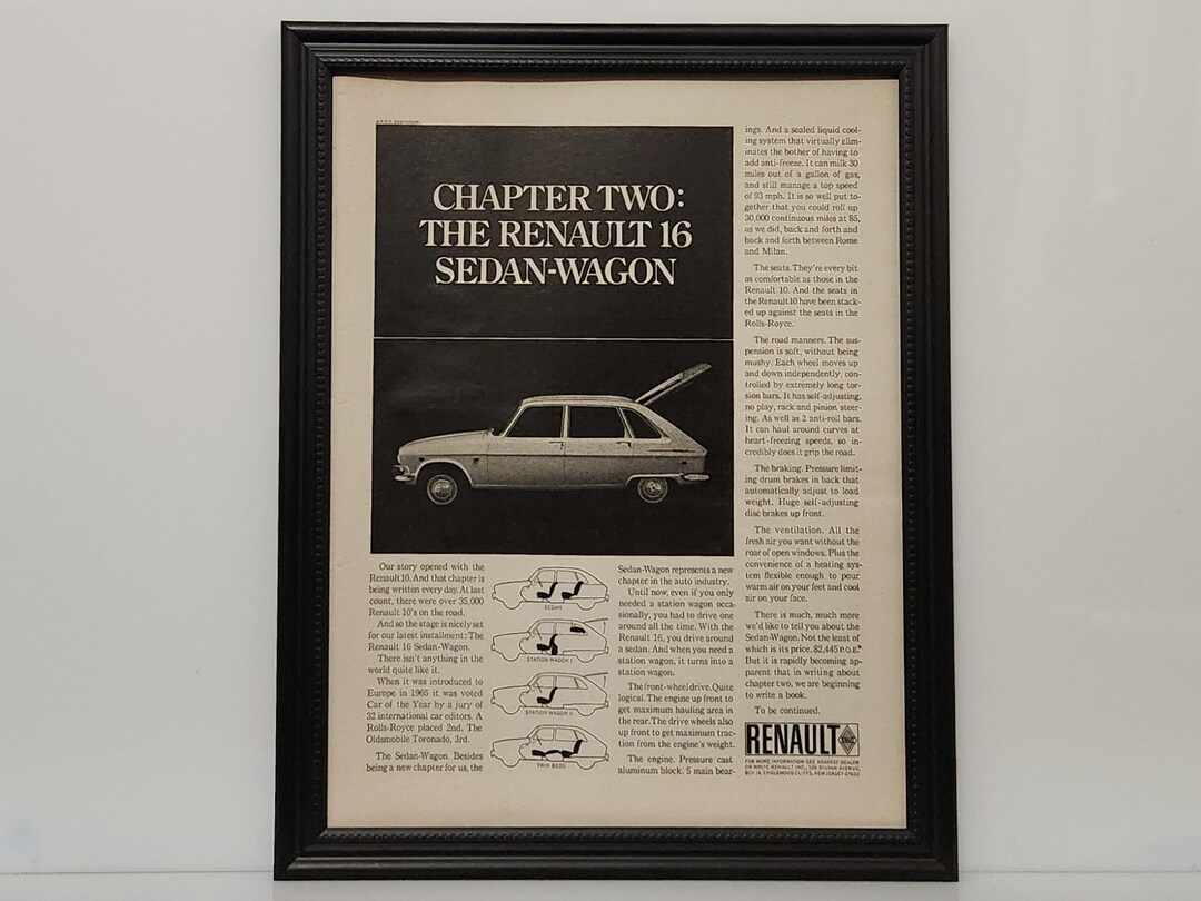 Framed 60's Vintage Car Ad 1968 Renault 16 Sedan Wagon Retro B&W ...