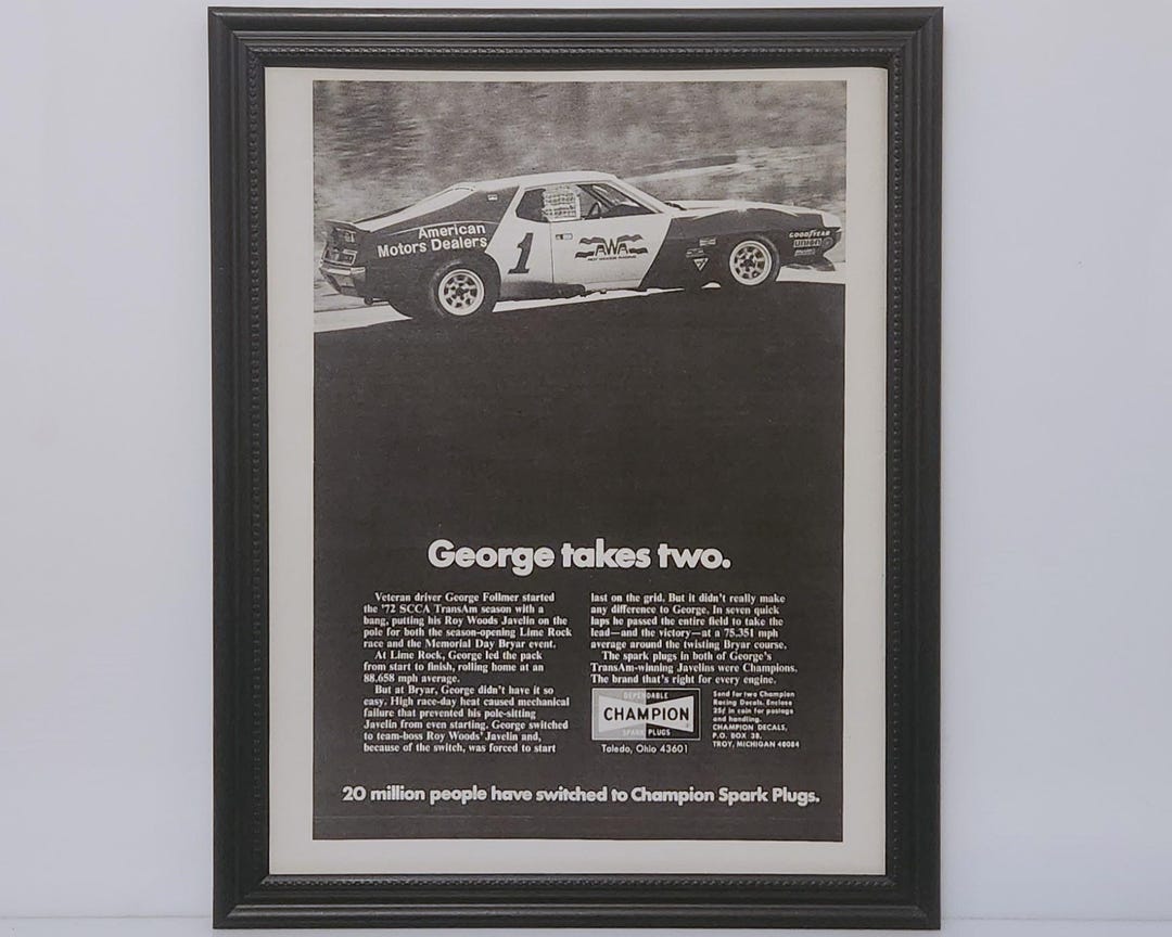 Framed Vintage 70's Champion Ad 1972 AMC Javalin Trans Am Race Car AMX ...